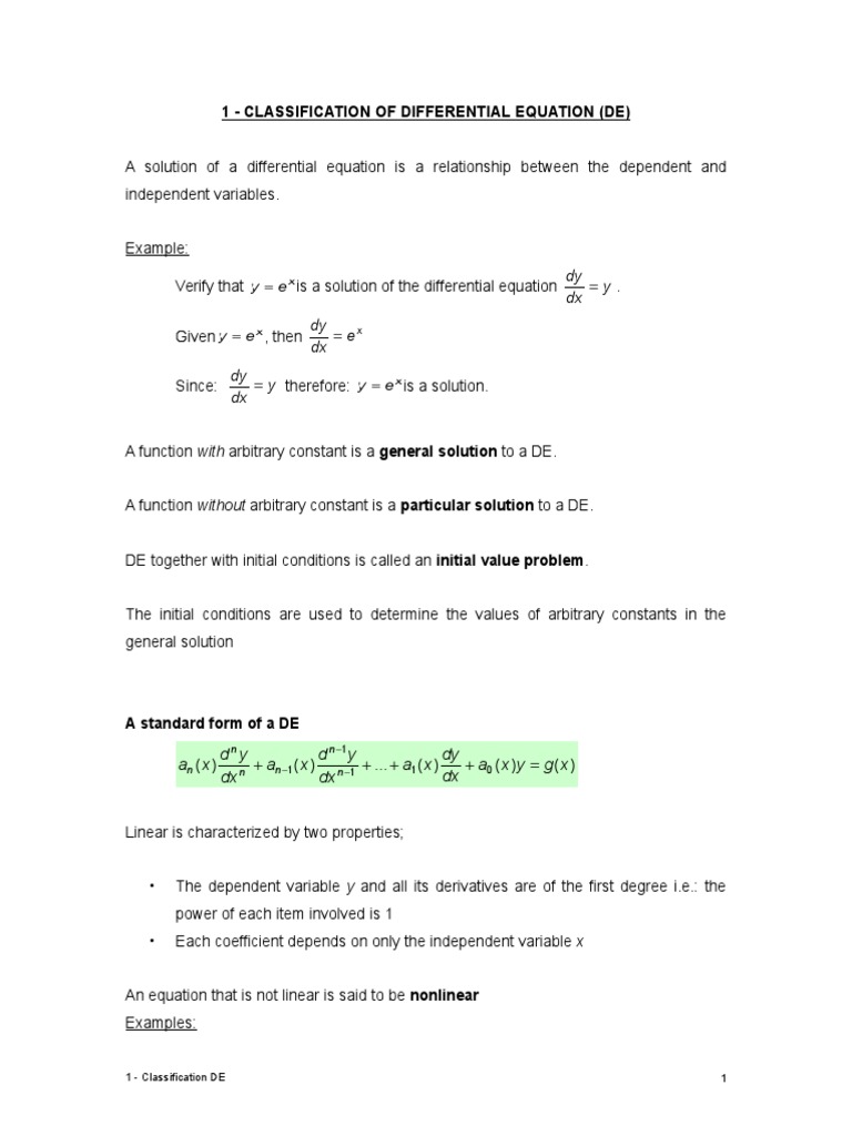 N1 - Classification of Differential Equation | PDF | Ordinary ...