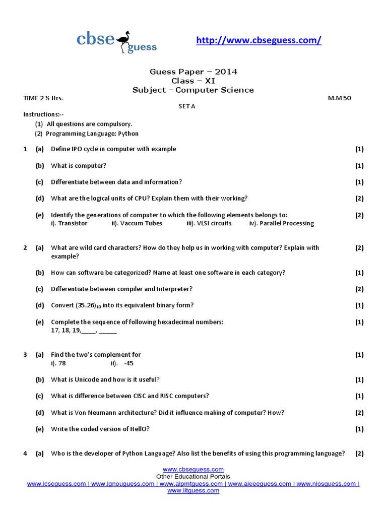 Guess Paper - 2014 Class - Xi Subject - Computer Science: Other ...