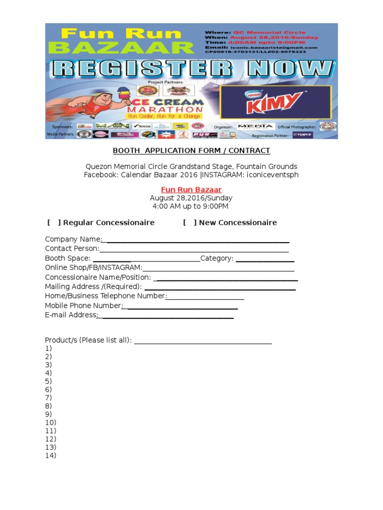 Booth Application Form / Contract: Fun Run Bazaar | PDF | Deposit ...