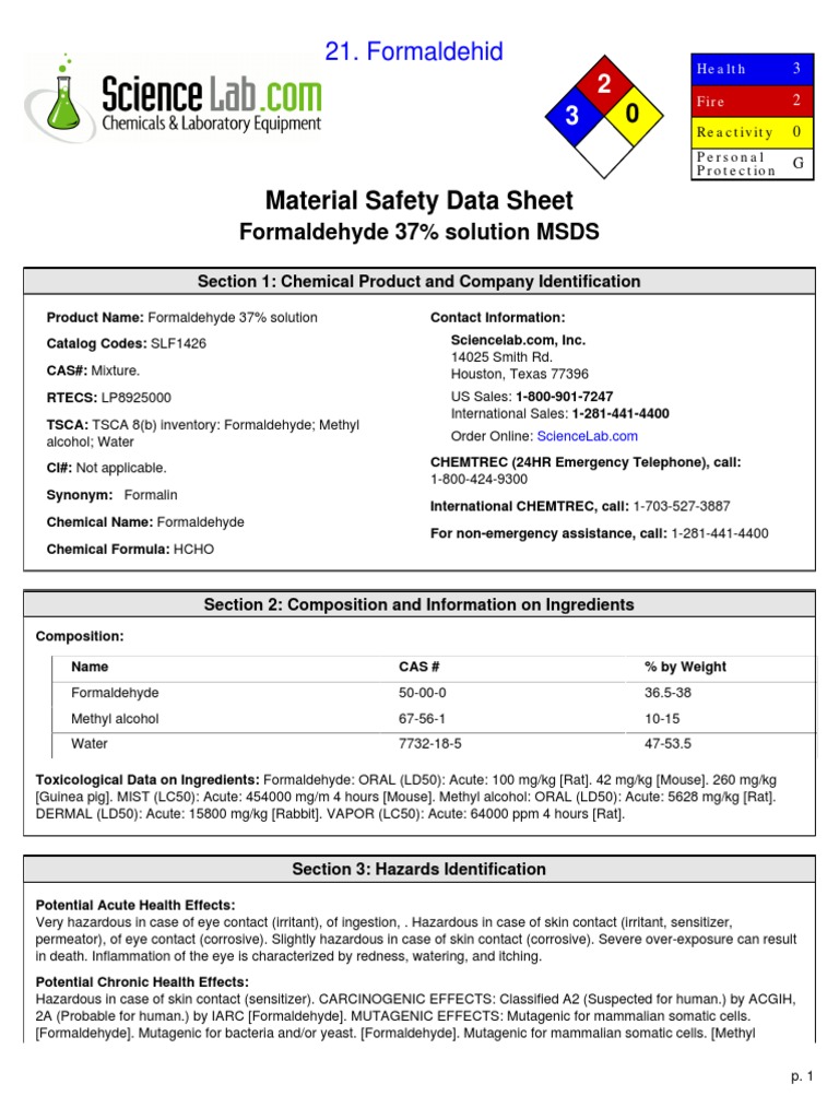 Formaldehid: Formaldehyde 37% Solution MSDS | PDF | Methanol | Formaldehyde