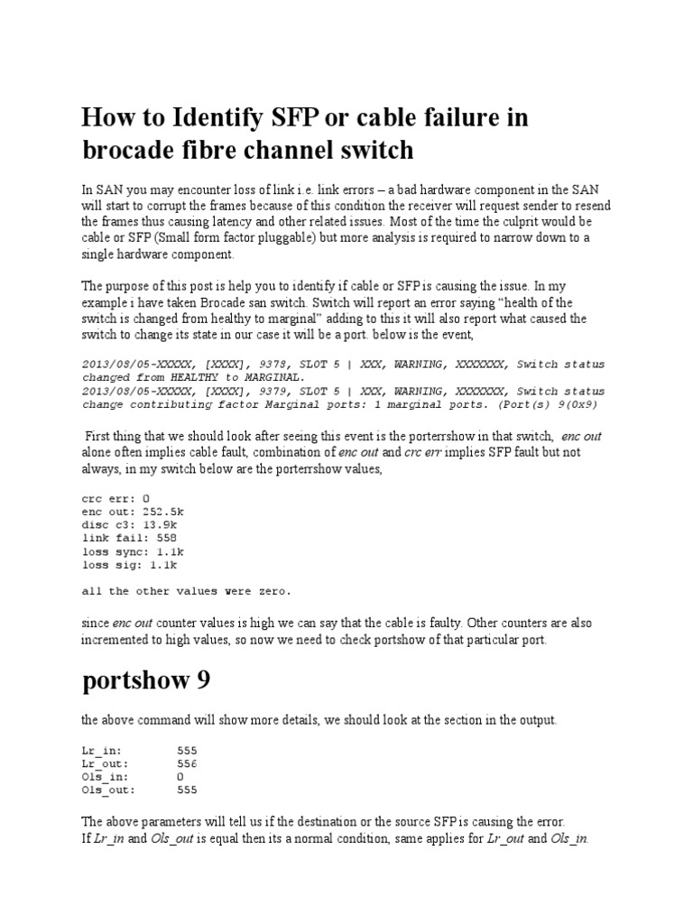 How To Identify SFP or Cable Failure in Brocade Fibre Channel Switch | PDF