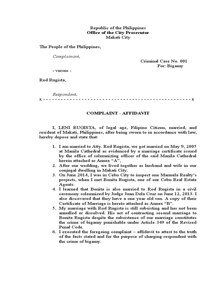 Bigamy Sample Complaint | PDF | Affidavit | Marriage