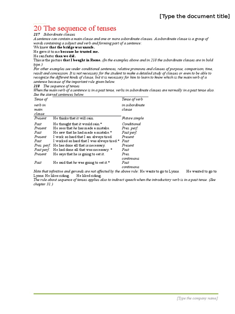 Sequence of Tenses in Subordinate Clauses | PDF