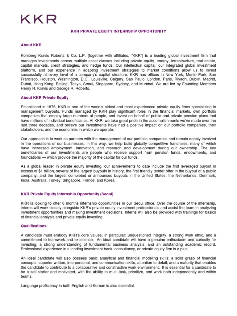 KKR Private Equity Intership Opportunity - Spring 2016 - v1 | PDF | Private Equity | Investing