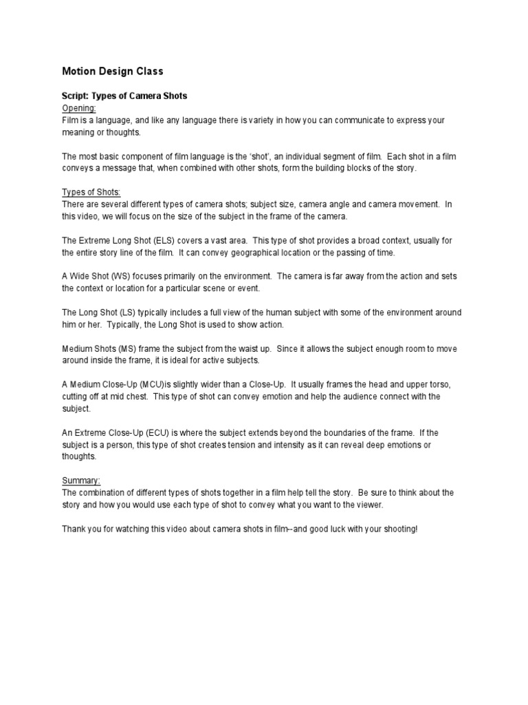 Types of Camera Shots Script | PDF