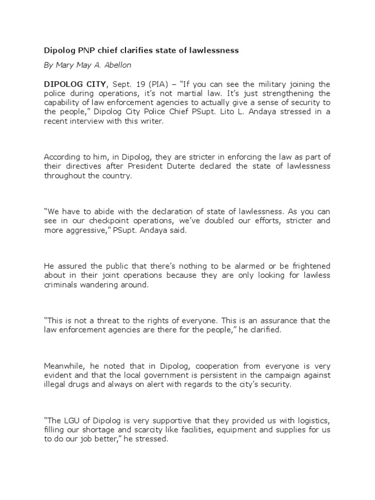 By Mary May A. Abellon: Dipolog PNP Chief Clarifies State of ...