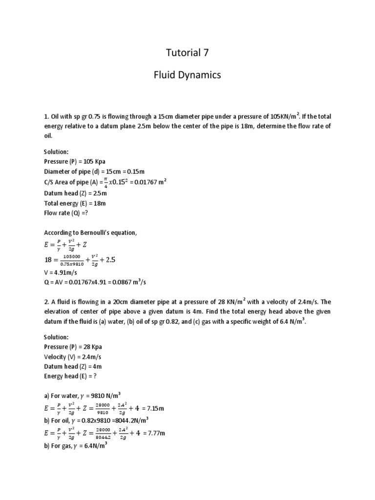 Fluid Dynamics Calculations | PDF | Fluid Dynamics | Pressure