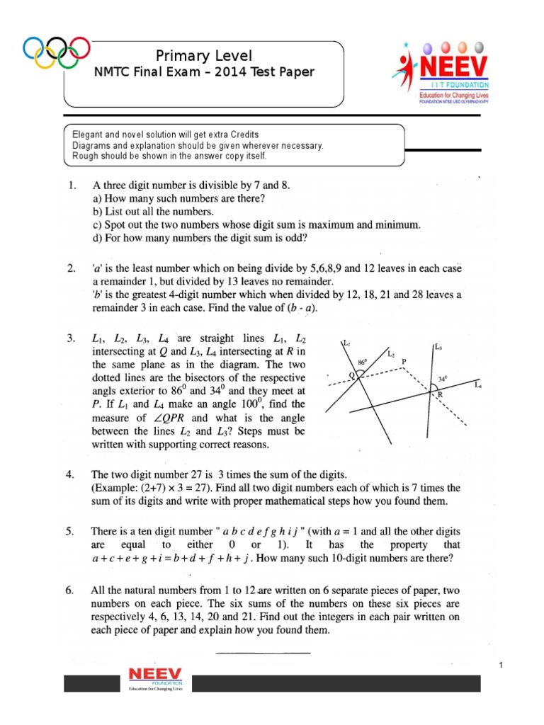 NMTC Final Exam 2014 Test Paper | PDF