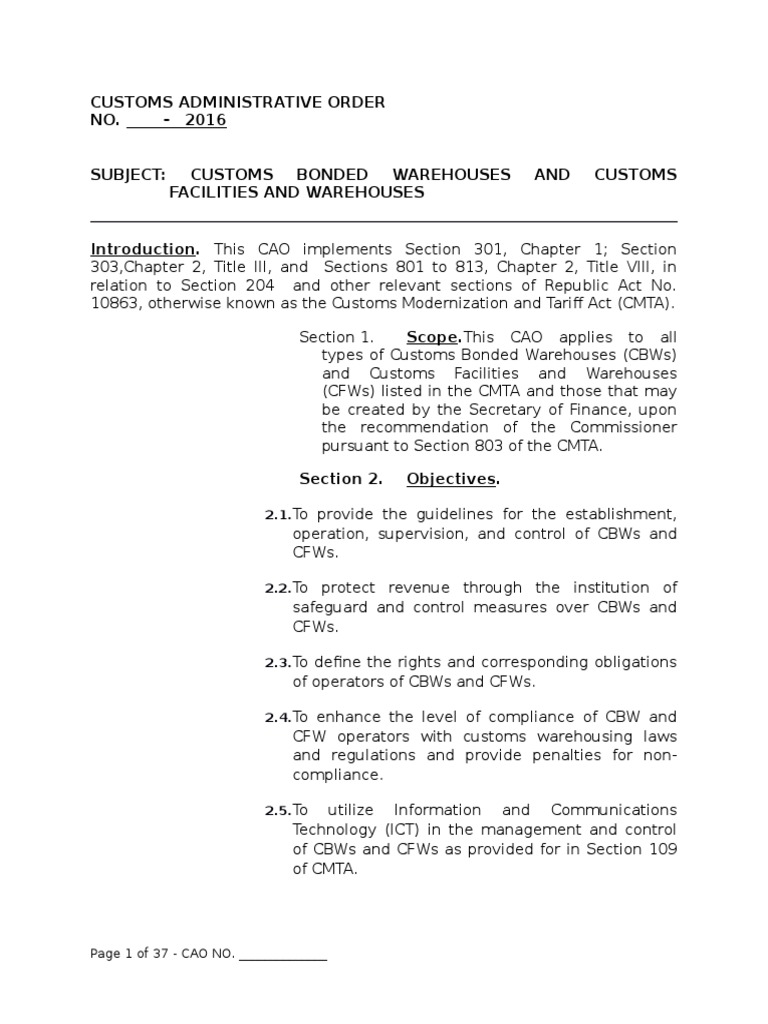 Draft BOC Order On Customs Bonded Warehousing System | PDF | Customs ...