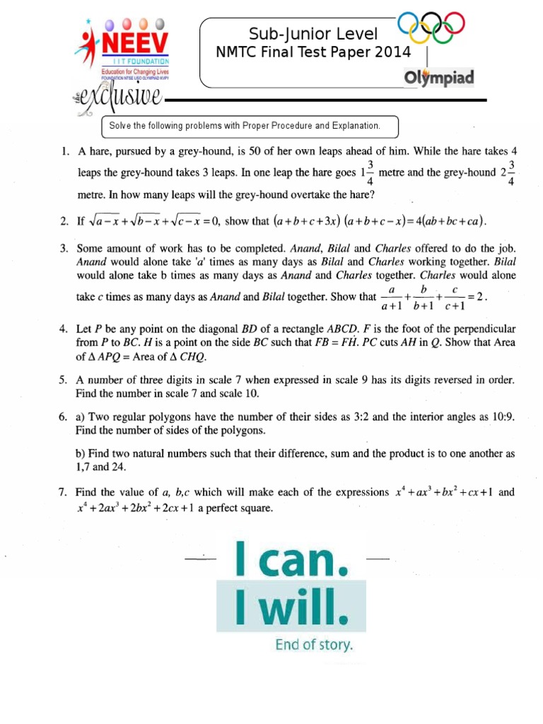 NMTC Final Paper 2014 Std7 8 | PDF | Cognition | Cognitive Science