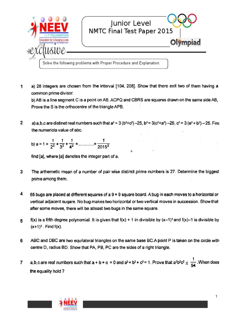 NMTC 2015 Final Test Paper | PDF