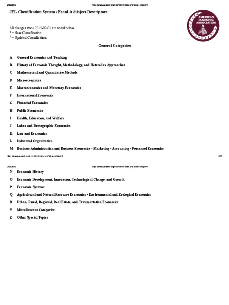 JEL Classification Codes | PDF | Economics | Economies