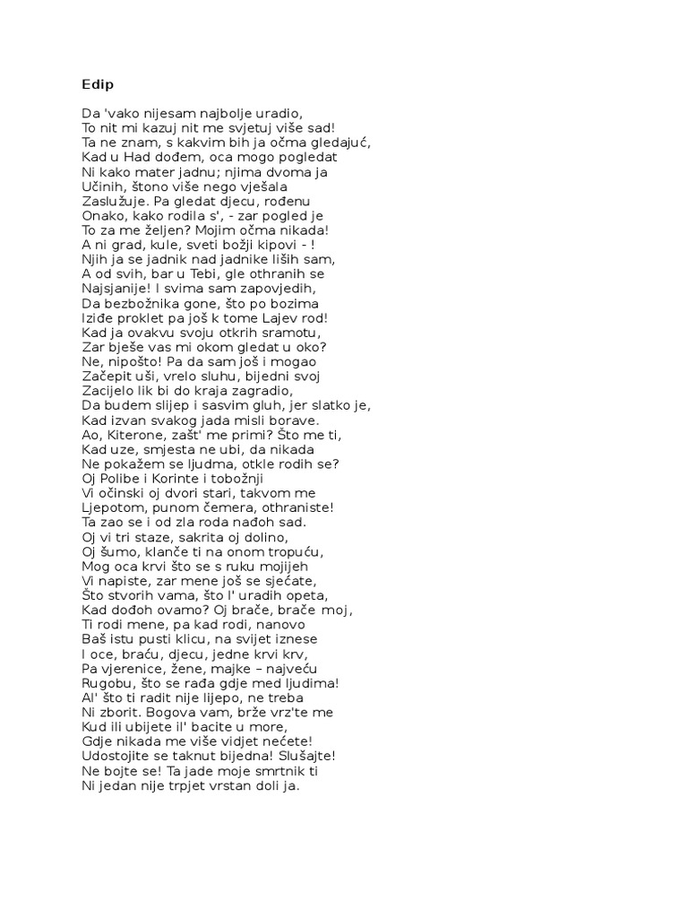 Sofoklo Kralj Edip Monolog | PDF