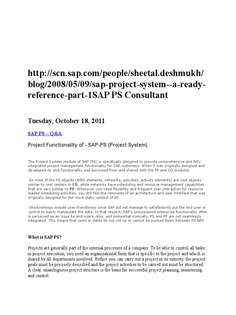 SAP PS Consultant | PDF