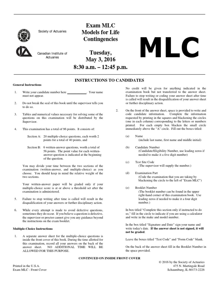 MLC Exam Asd | Life Insurance | Insurance