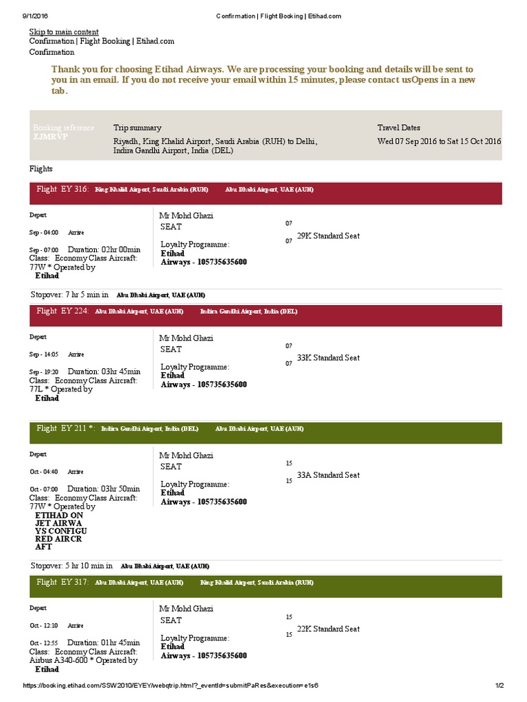 Confirmation - Flight Booking - Etihad | PDF | United Arab Emirates ...