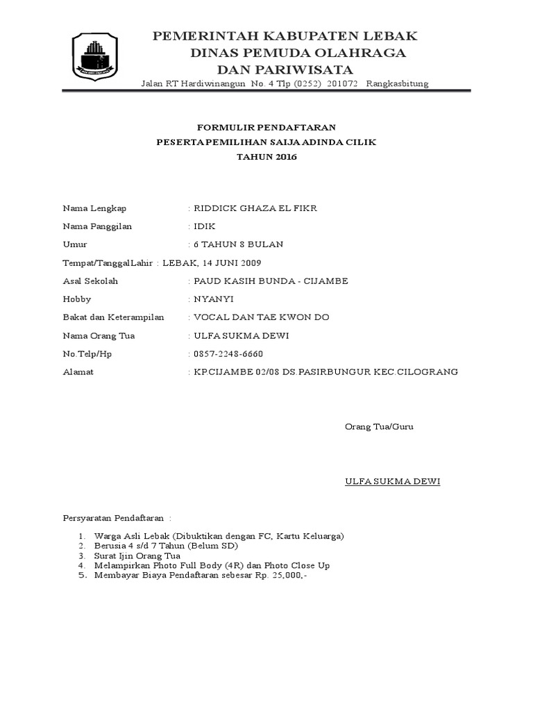 Formulir Saija Adinda Cilik | PDF | Gaya Hidup