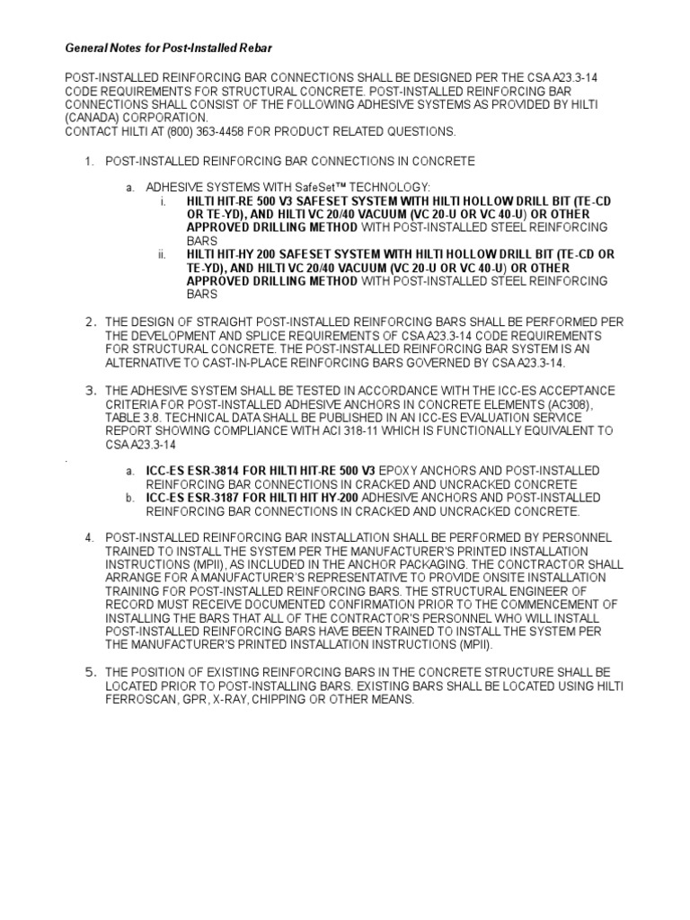 General Notes For Post-Installed Reinforcing Bars Specification | PDF