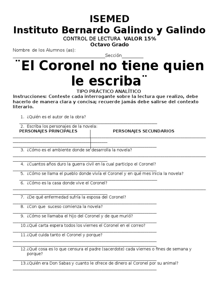 Control de Lectura El Coronel | PDF | Novelas