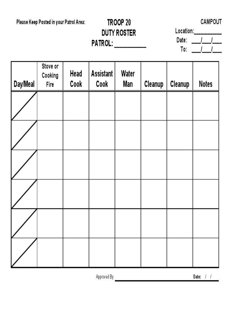 Troop 20 Duty Roster Template | PDF | Home & Garden | Science & Mathematics