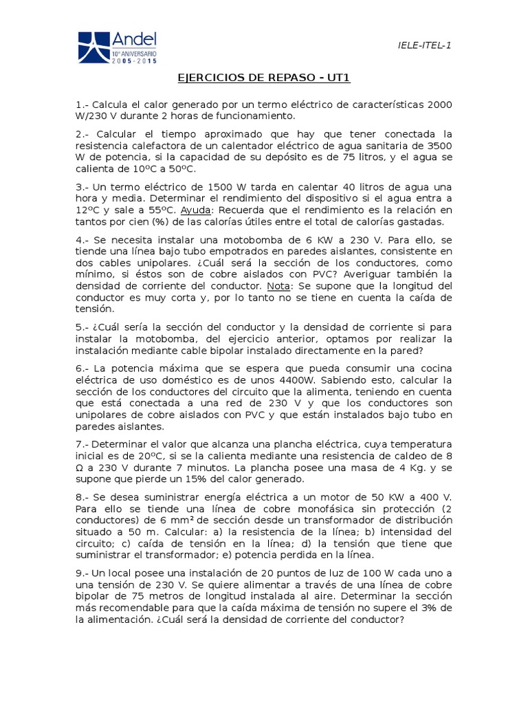 UT1 - Ejercicios de Repaso | PDF | Corriente eléctrica | Resistencia Eléctrica y Conductancia