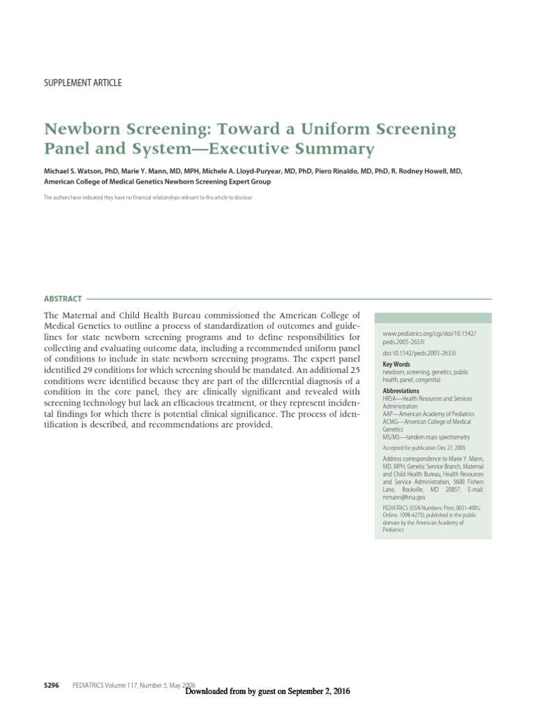 2006 Newborn Screening. Toward A Uniform Screening Panel and System ...