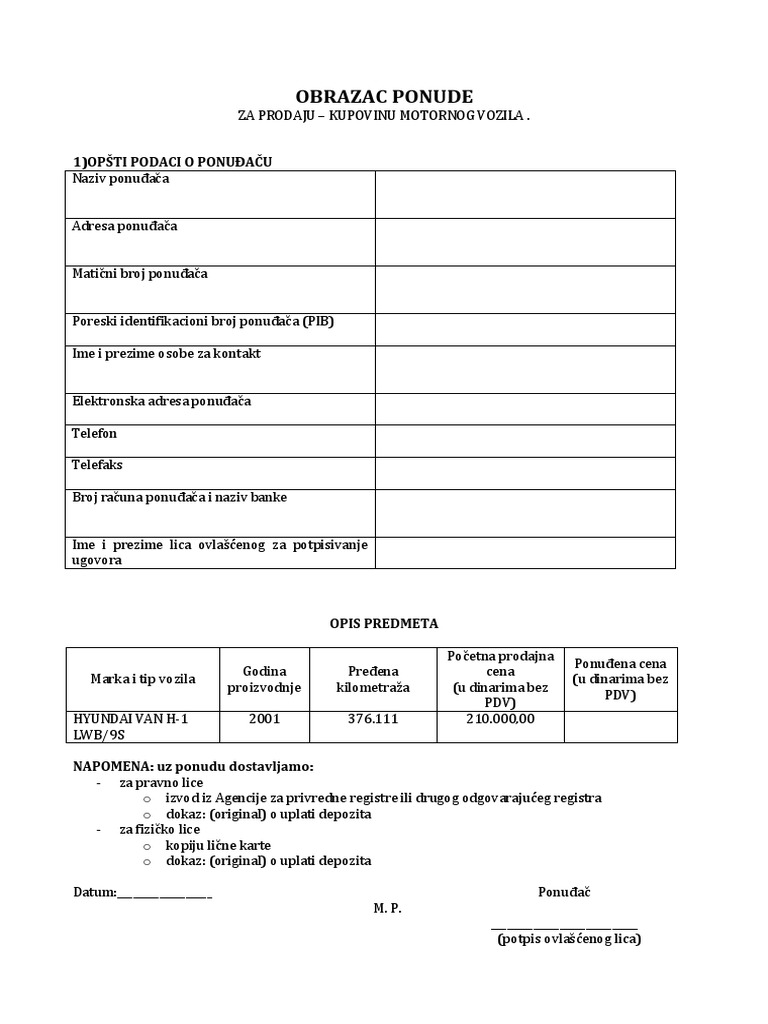 Obrazac Ponude I Uputstvo Za Prodaju Motornog Vozila | PDF