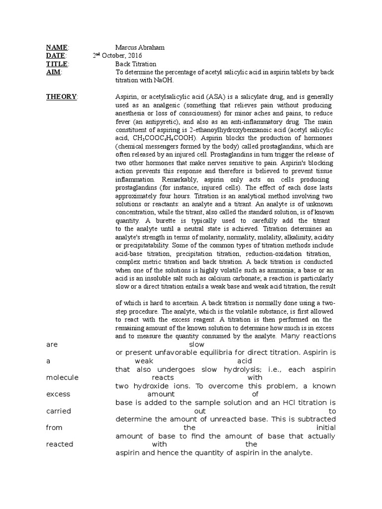 Back Titration Lab | PDF | Titration | Chemistry