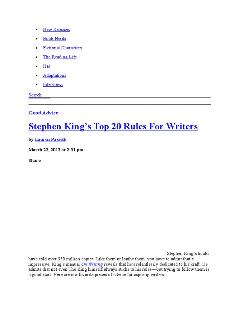 Stephen King's Top 20 Rules For Writers | PDF | Stephen King | Adverb