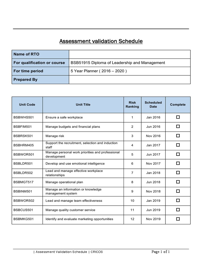 DoLM Assessment Validation Schedule