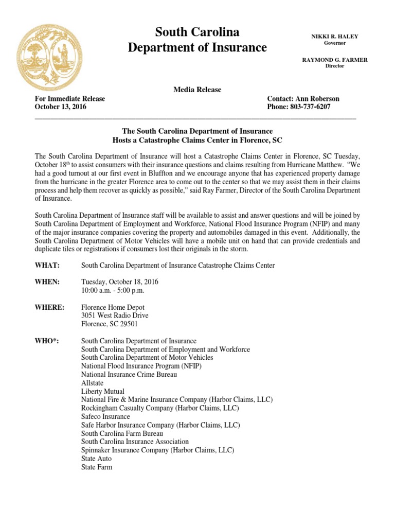 SC Department of Insurance Catastrophe Claims Center | PDF