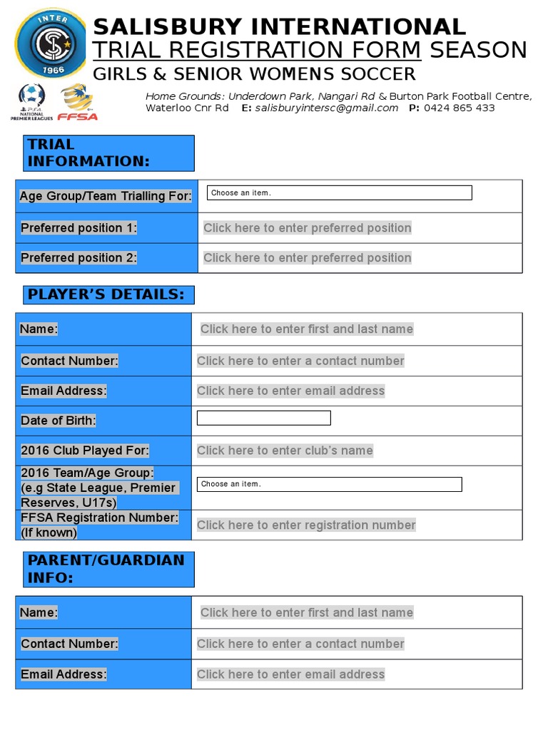Trial Registration Form Season 2017: Girls & Senior Womens Soccer | PDF ...