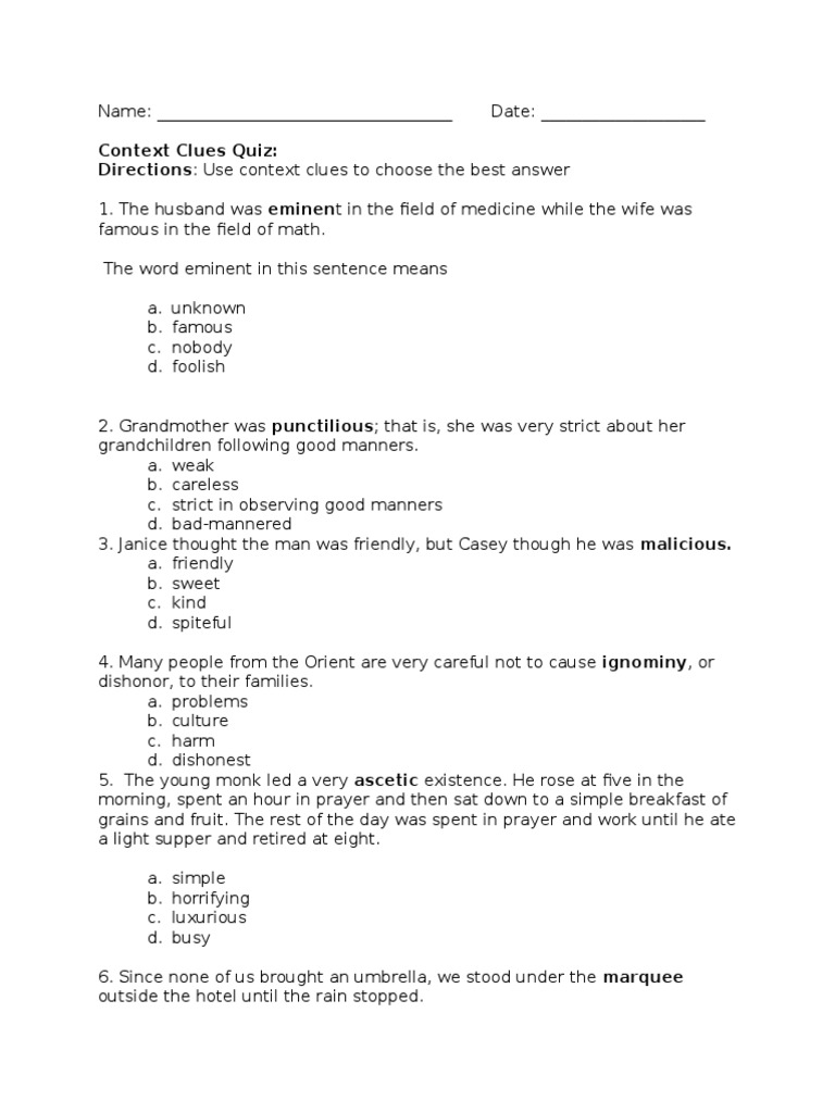 Context Clues Quiz | PDF
