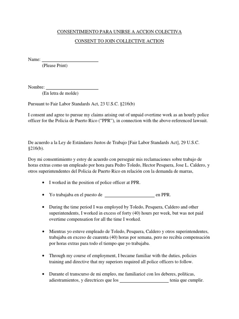 Consent To Join Collective Action Caldero Pre Statute/ Consentimiento para Unirse A Demanda ...