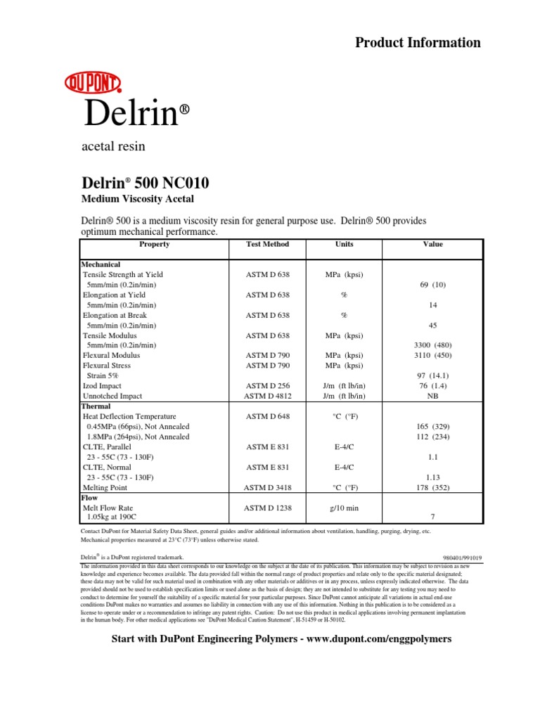 Delrin 500 Material Test Report PO50 | Yield (Engineering) | Strength ...