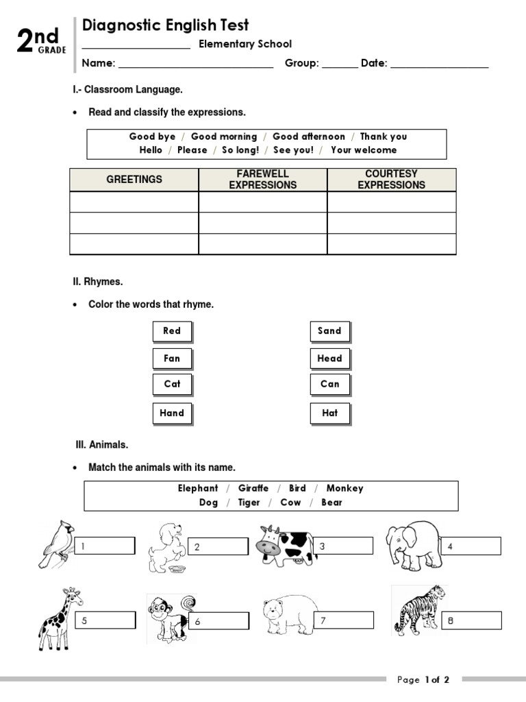 2nd Grade Diagnostic English Test | PDF