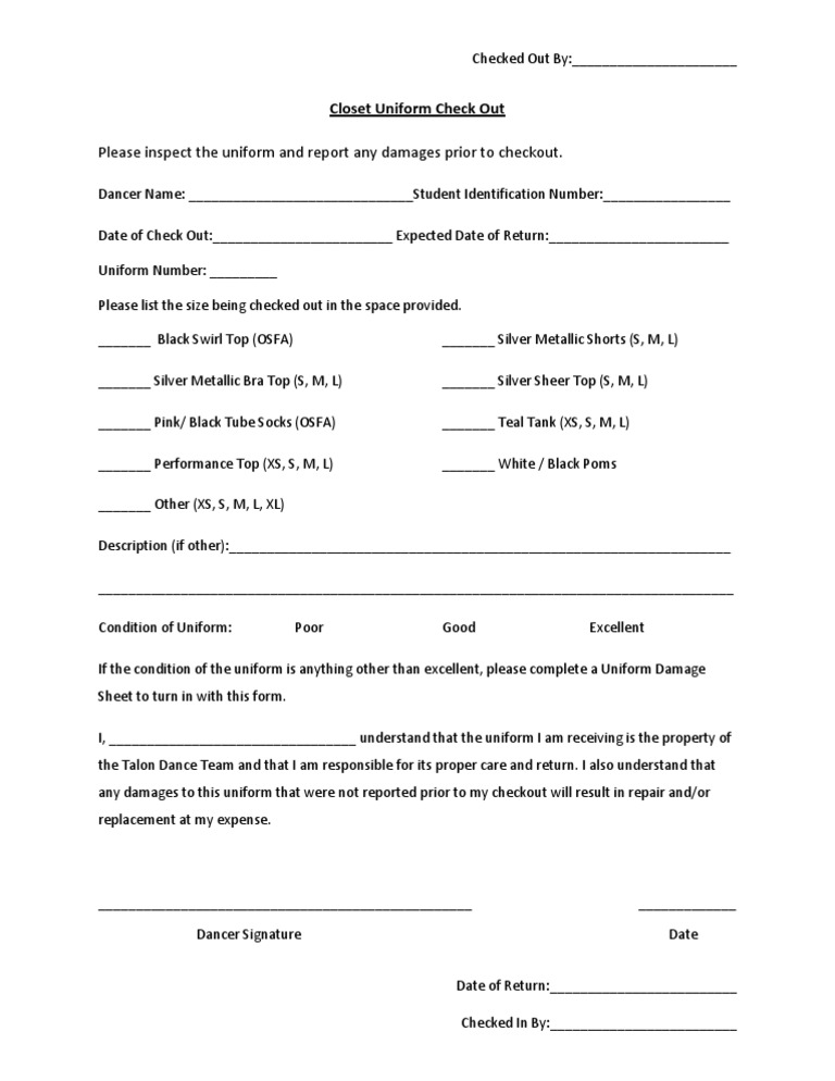 Uniform Check Out Form for Dancers | PDF