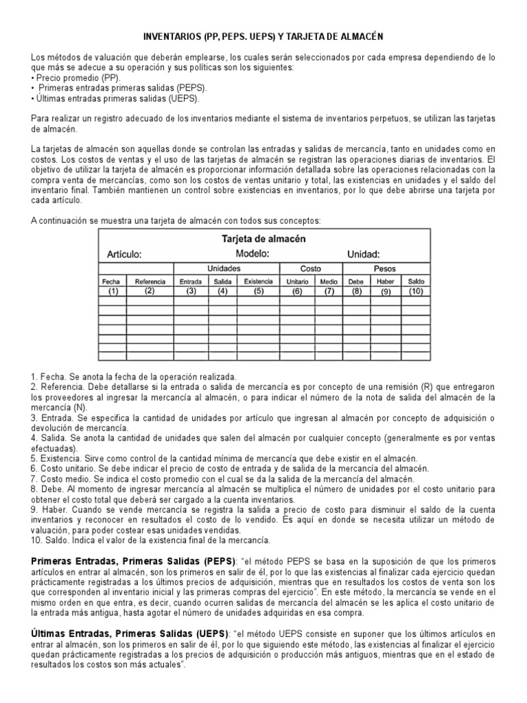 Inventarios PP, PEPS, UEPS y Tarjeta de Almacen | Inventario | Precios