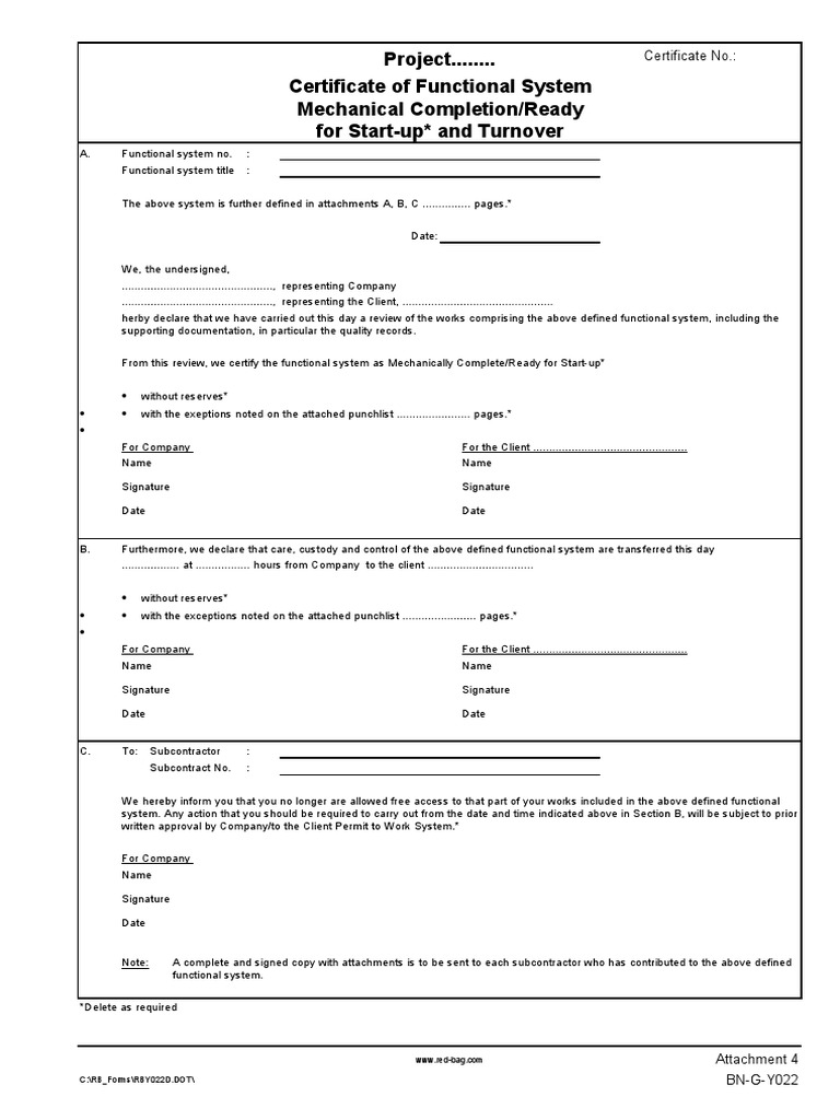 Certificate For Mech Completion - Ready For Start Up | PDF
