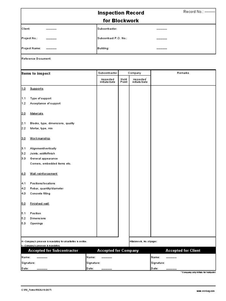 Insp Record For Block Work | PDF