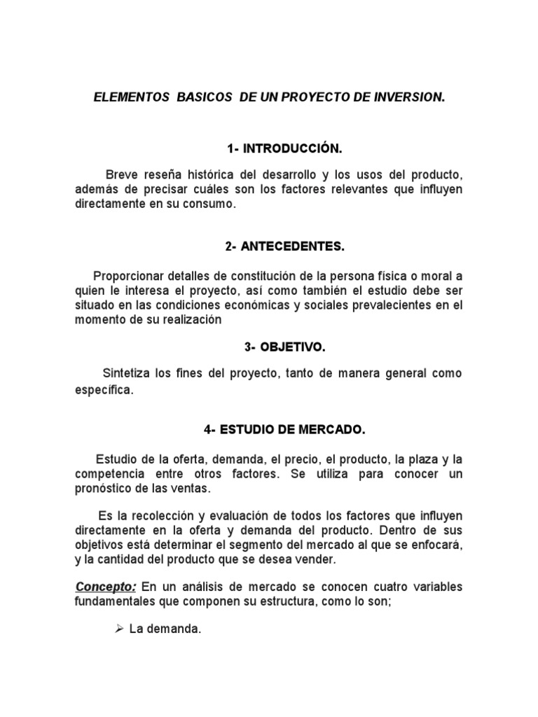 Elementos Basicos de Un Proyecto de Inversion. Word | PDF | Oferta y demanda | Mercado (economía)