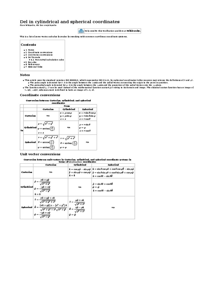 Del in Cylindrical and Spherical Coordinates - Wiki | PDF | Coordinate ...