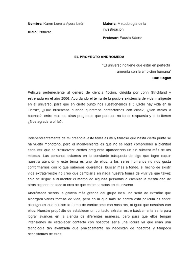 Ensayo - Proyecto Andromeda | PDF | Vida extraterrestre | Universo