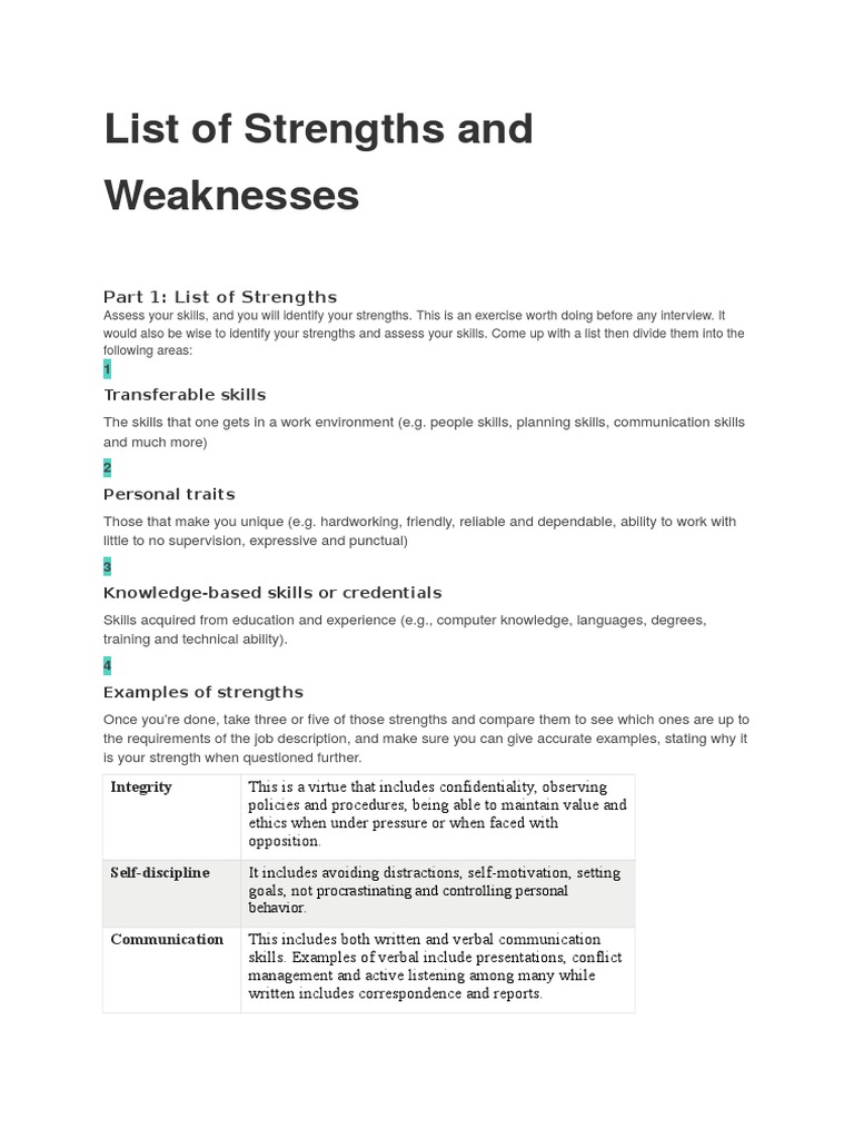 List of Strengths and Weaknesses | Skill | Procrastination