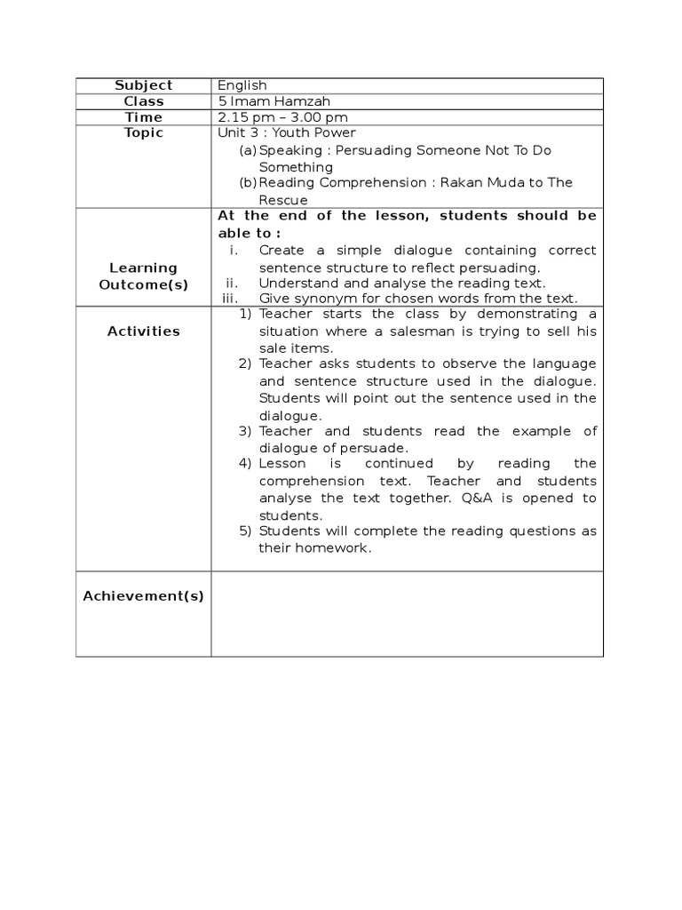 Contoh Lesson Plan F5 | PDF | Lesson Plan | Reading Comprehension