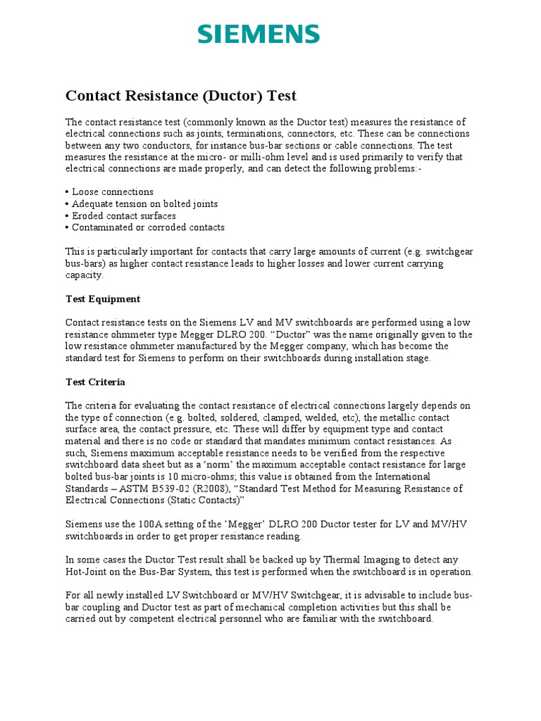 Siemens Ductor Test Method Statement | PDF | Electrical Resistance And ...
