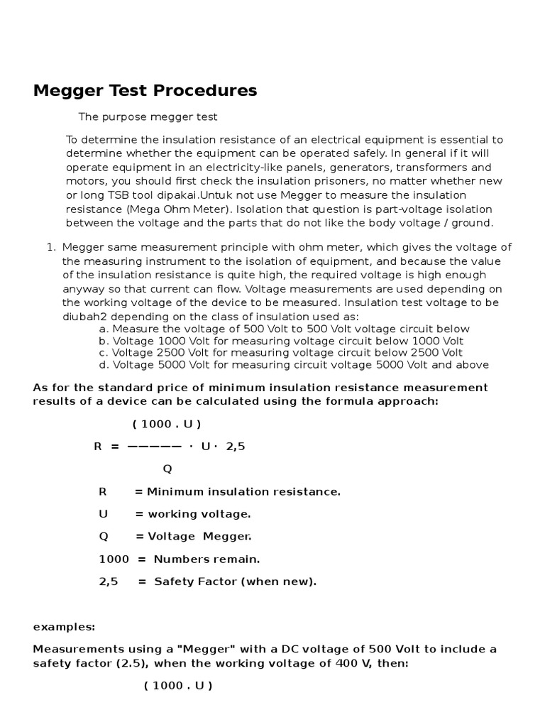 Procedure Megger Test. | PDF | Voltage | Electrical Resistance And ...
