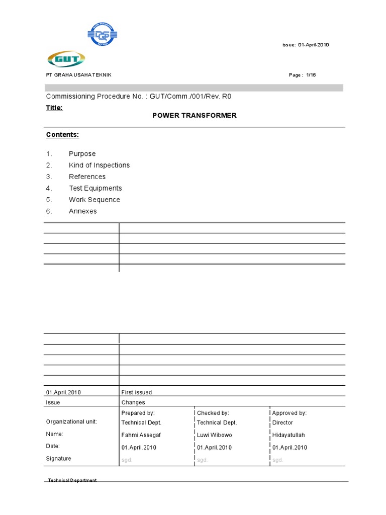 Power Transformer Testing And Commissioning Procedure Rev R0 Pdf