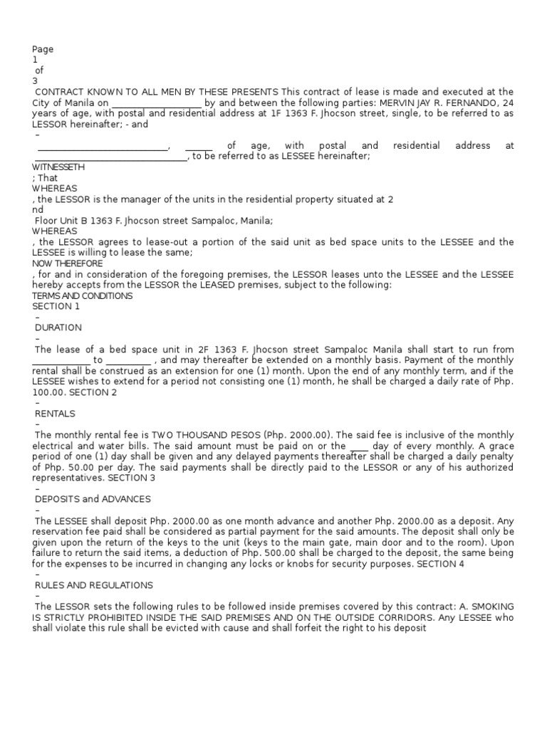 Bedspace COntract | PDF | Lease | Social Institutions