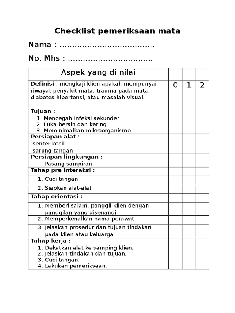 Checklist Pemeriksaan Mata | PDF